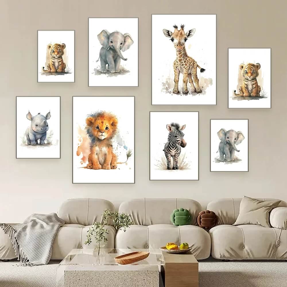 Cute Baby Animals Wall Art Watercolor Minimalist Canvas Prints Lion Ti ...