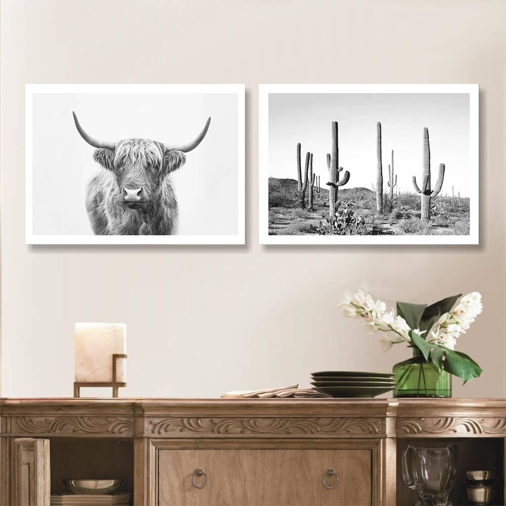 Scottish Highland Cattle Cactus Canvas Prints | Black and White Animal ...