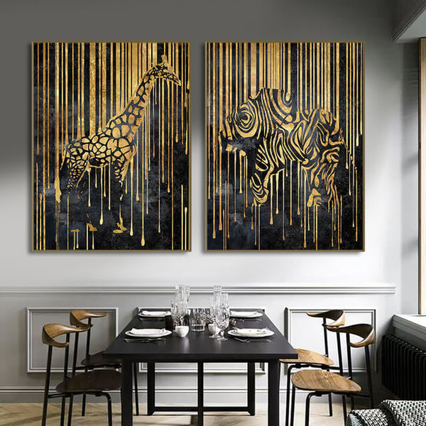 Black Golden Animals Abstract Lines Canvas Prints | Tiger Zebra Elepha ...