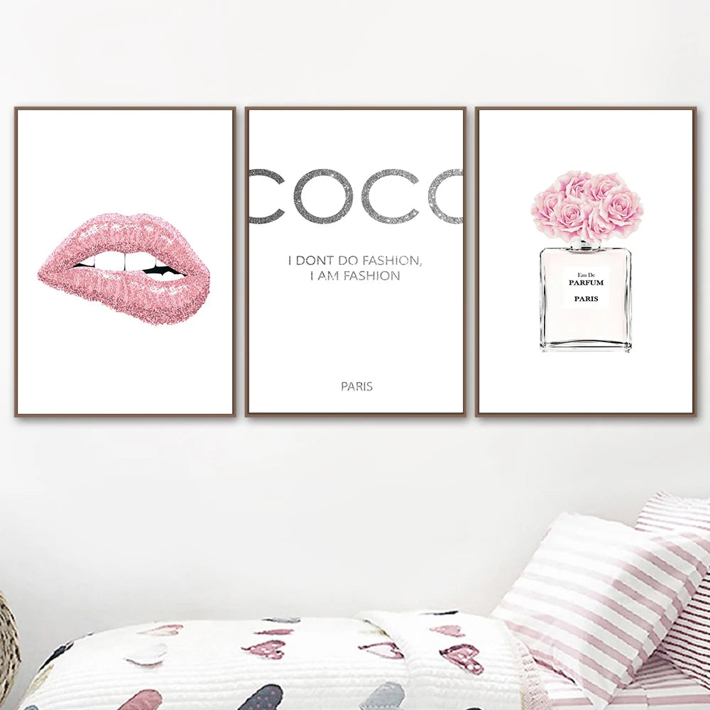 Pink Lips Perfume Motivational Coco Chanel Quotes Wall Art Pink Flower ...