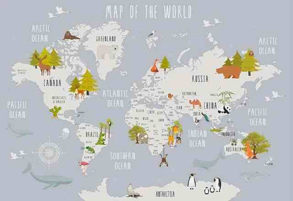 Buy Cartoon Blue World Map Mural Wallpaper (SqM) at 20% off – DIVEROS