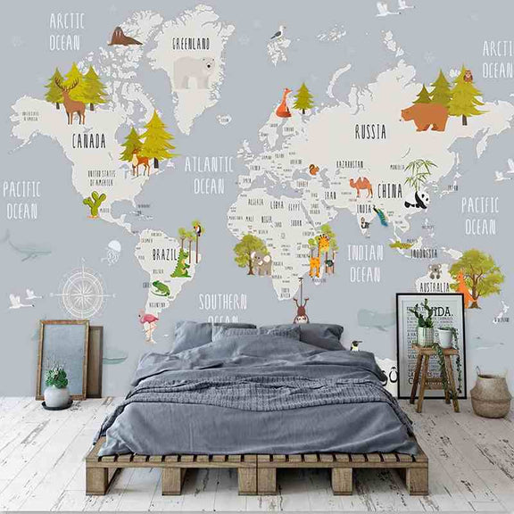 Buy Cartoon Blue World Map Mural Wallpaper (SqM) at 20% off – DIVEROS