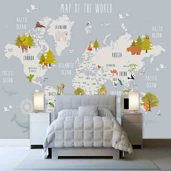 Buy Cartoon Blue World Map Mural Wallpaper (SqM) at 20% off – DIVEROS